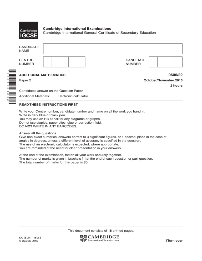 Cambridge IGCSE Additional Mathematics Exam Paper 2015