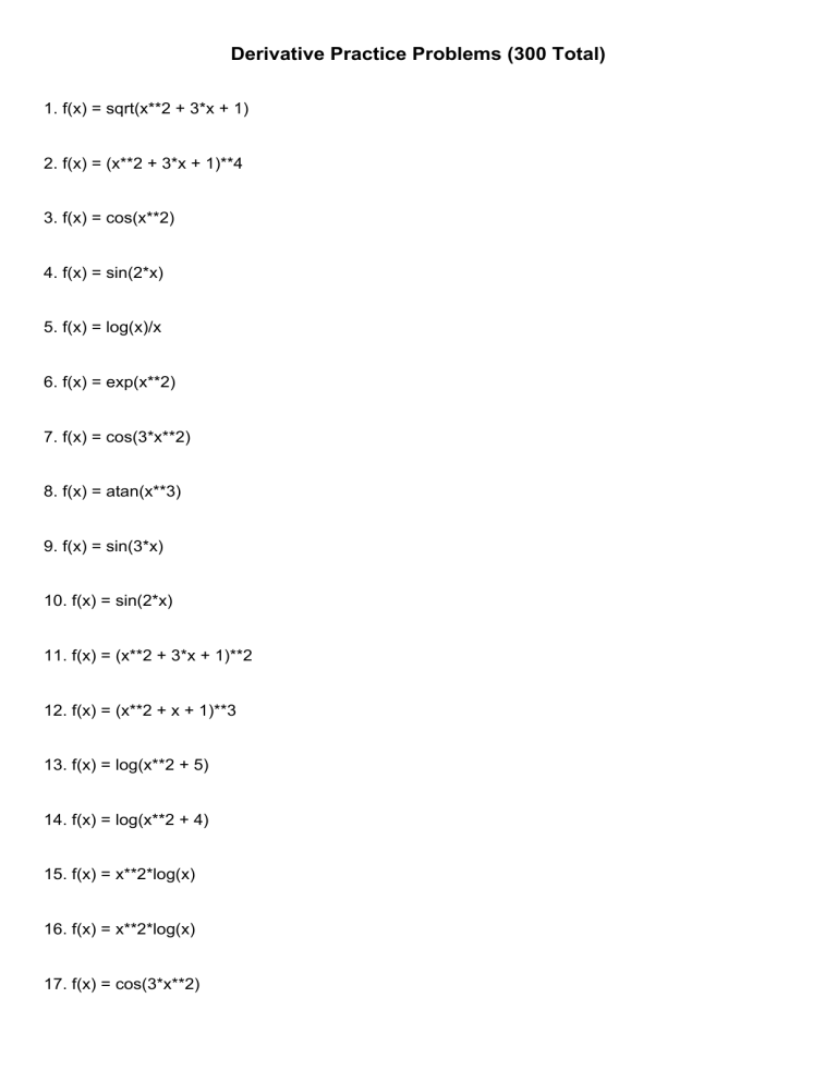 Derivative Practice Problems (300 Total)