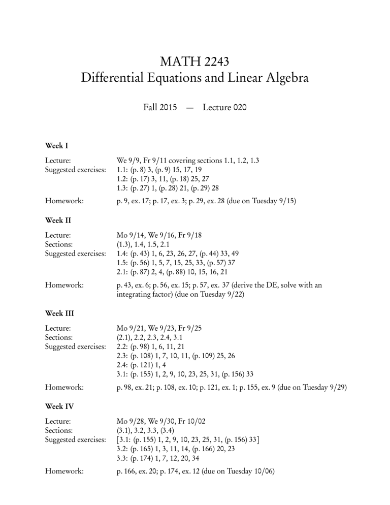 MATH 2243: Diff Eq & Linear Algebra Syllabus, Fall 2015