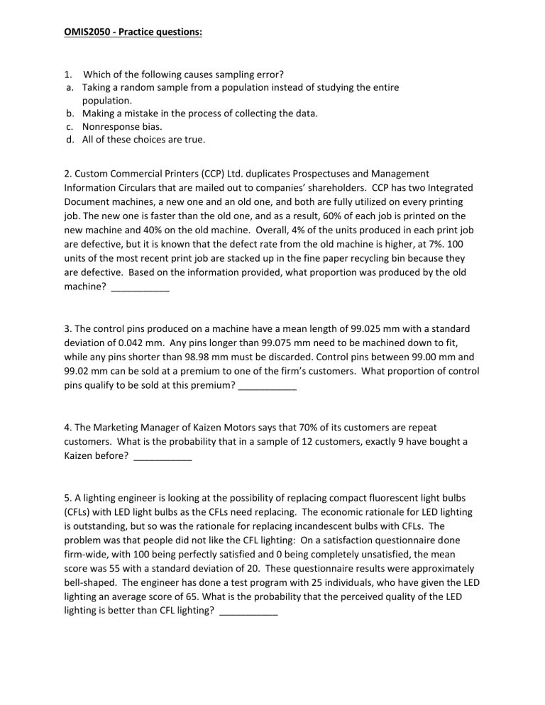 OMIS2050 Practice Questions: Statistics Problems