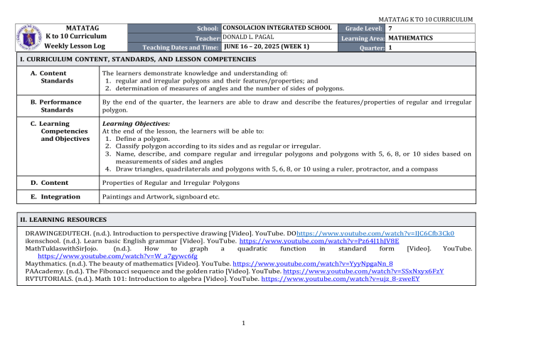 Grade 7 Math: Polygons Lesson Log | Regular & Irregular Shapes