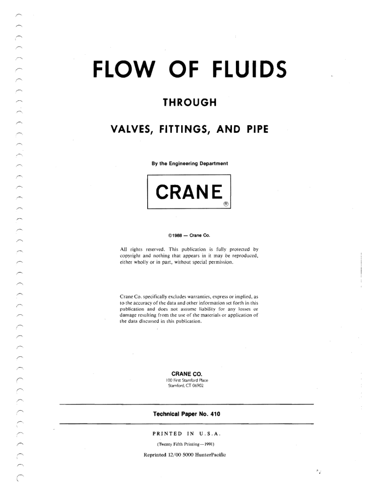 Flow of Fluids Through Valves, Fittings, and Pipe