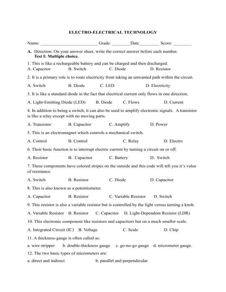 Electro-Electrical Technology Test: Components & Circuits