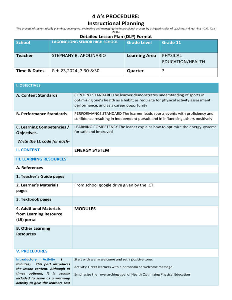 Grade 11 PE/Health: Energy Systems Lesson Plan