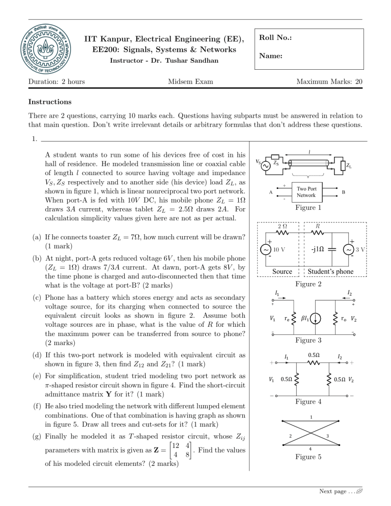 EE200 Signals & Systems Midsem Exam - IIT Kanpur