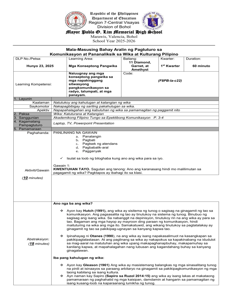 Filipino Language Lesson Plan: Wika Concepts