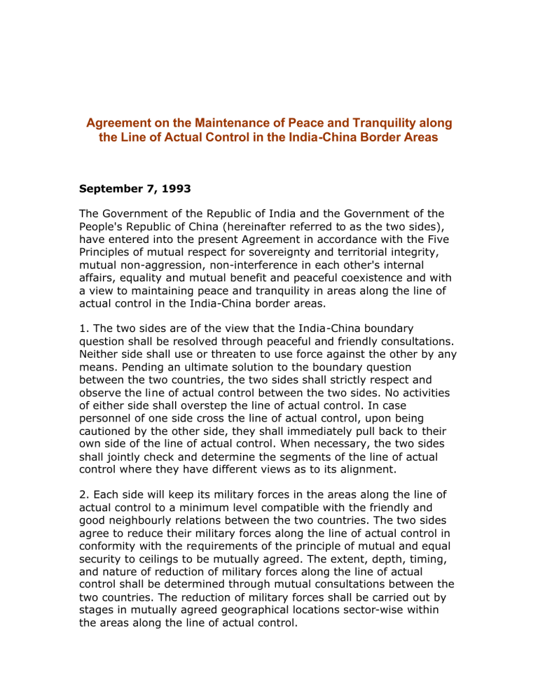 India-China Border Agreement: Peace & Tranquility (1993)