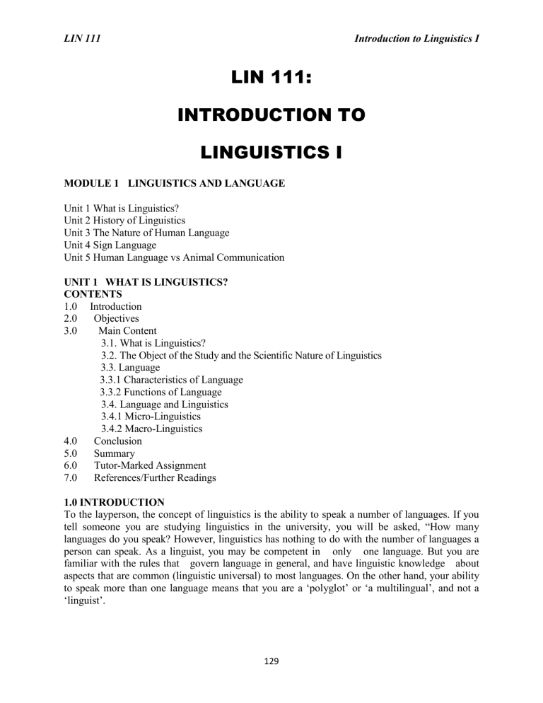 Introduction to Linguistics: Course Material