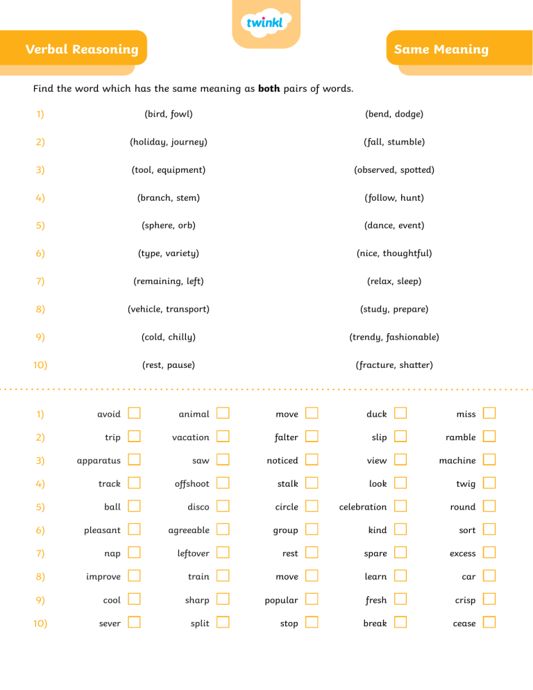 Verbal Reasoning: Same Meaning Worksheet