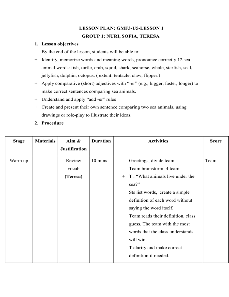 Sea Animals Lesson Plan: Vocabulary & Comparative Adjectives