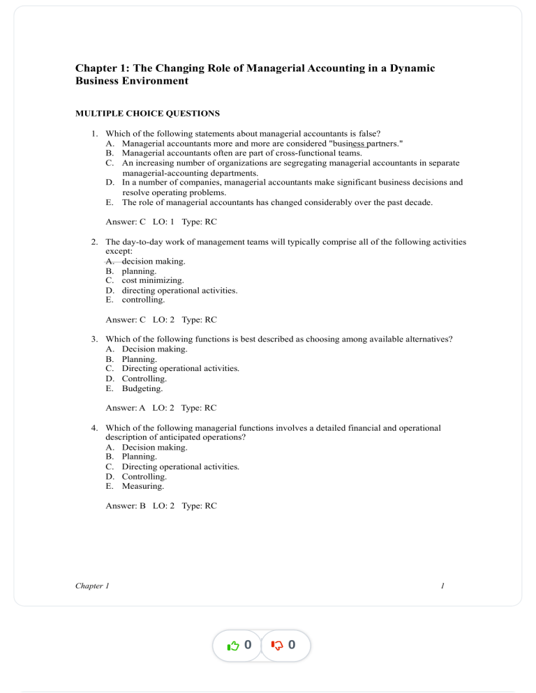 Managerial Accounting Exam Questions - Chapter 1