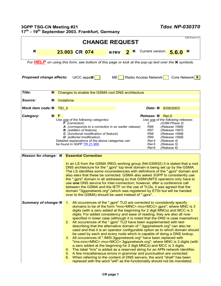 3GPP Change Request: GSMA Root DNS Architecture