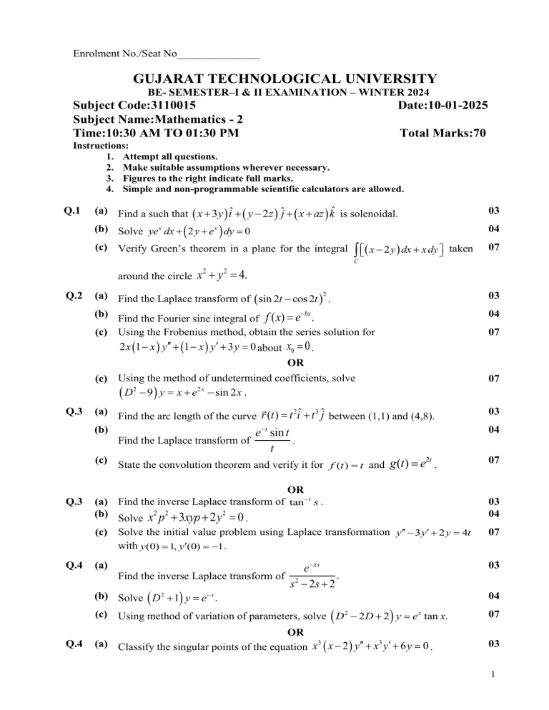 Mathematics-2 Exam Paper, GTU Winter 2024
