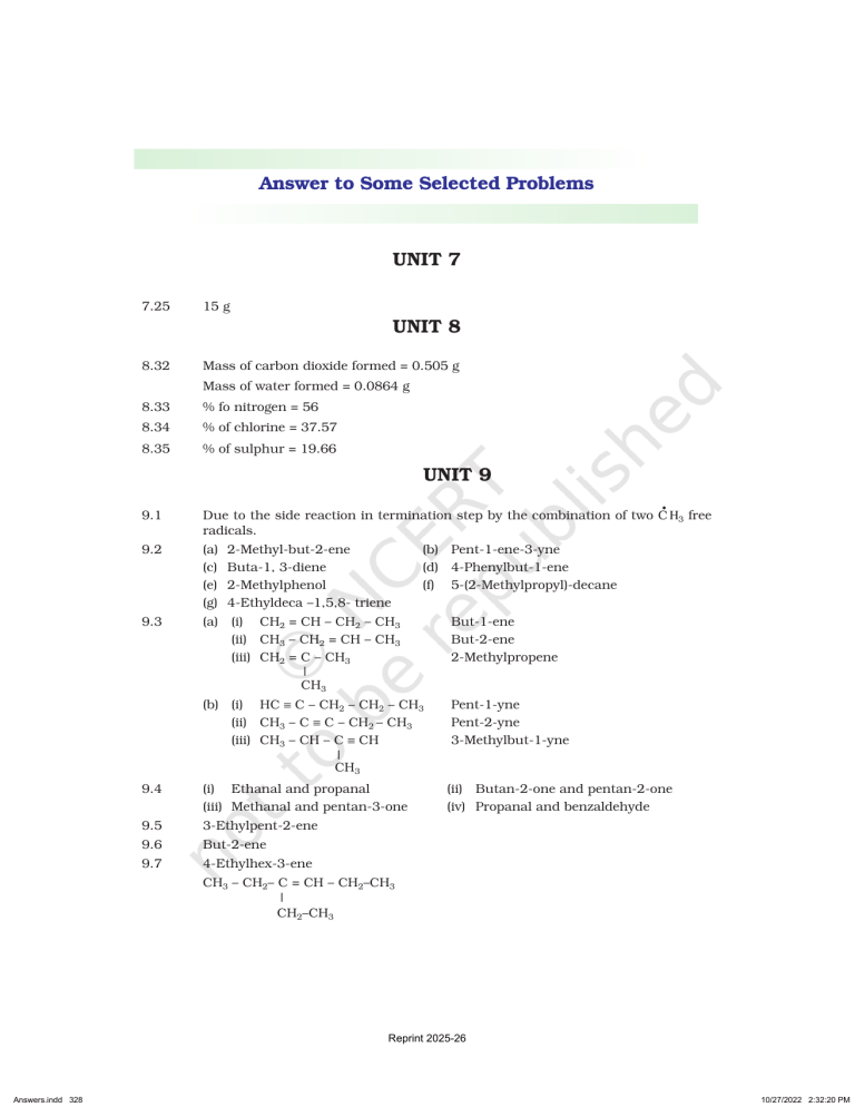Chemistry Answer Key: Units 7-9 Solutions