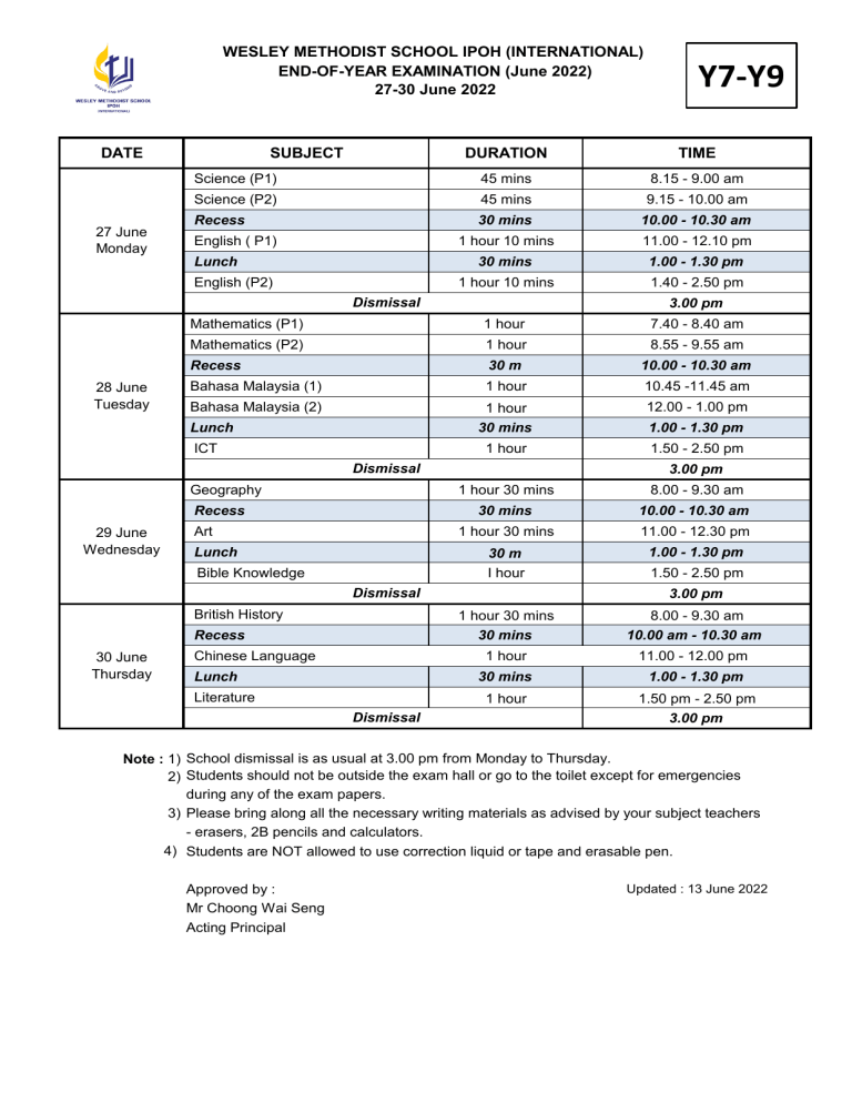 Wesley Methodist School Exam Schedule - June 2022