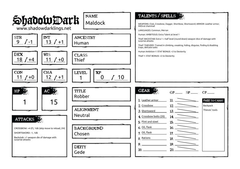 Shadowdark RPG Character Sheet - Maldock the Thief