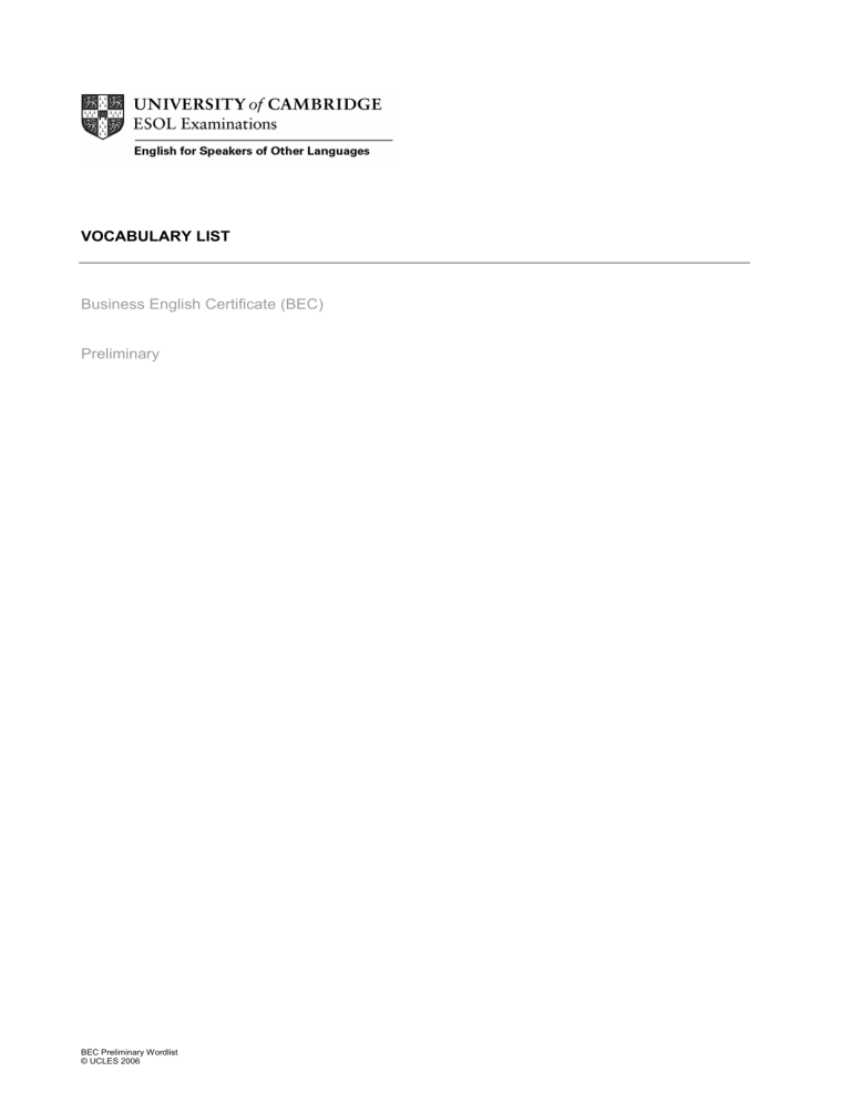BEC Preliminary Vocabulary List