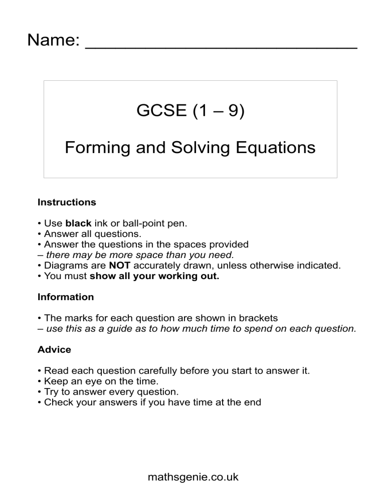 GCSE Maths: Forming & Solving Equations Worksheet