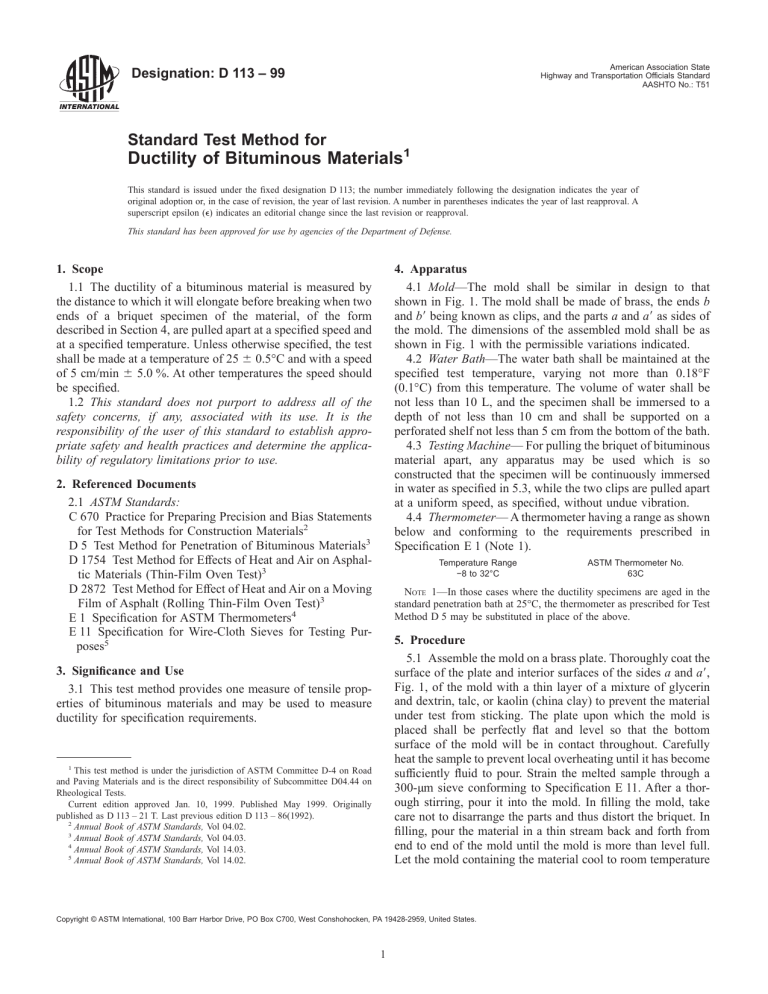 ASTM D 113: Standard Test Method for Bituminous Material Ductility