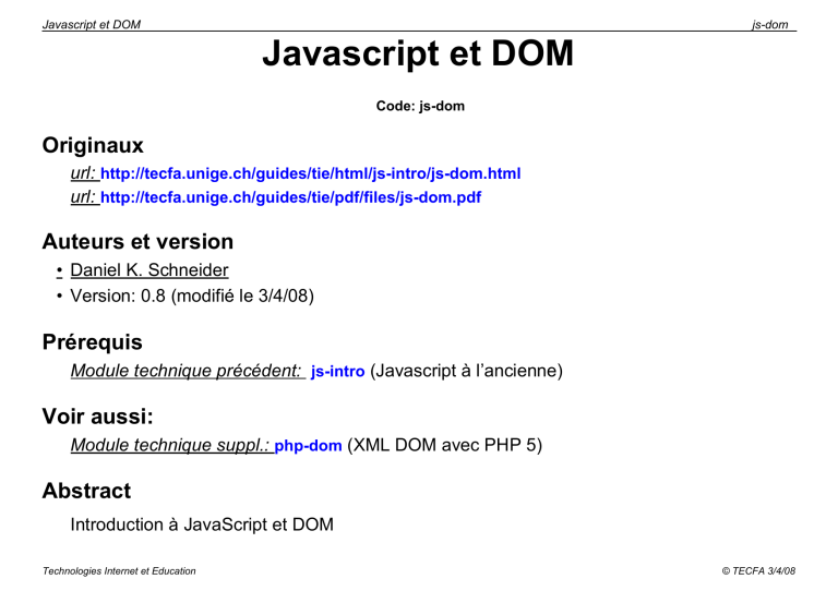 Présentation JavaScript et DOM