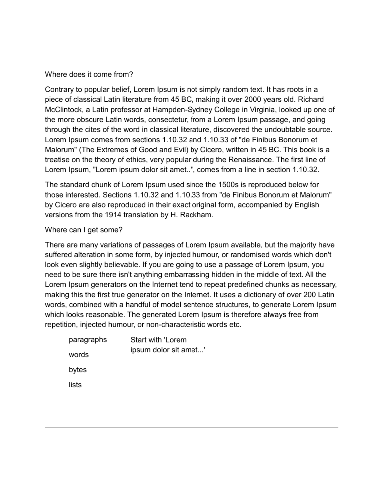 Lorem Ipsum: Origin, Usage, and Generation