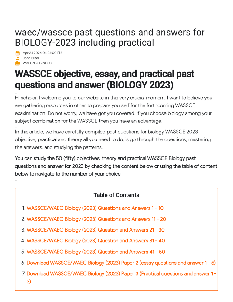 WAEC/WASSCE Biology 2023 Past Questions & Answers
