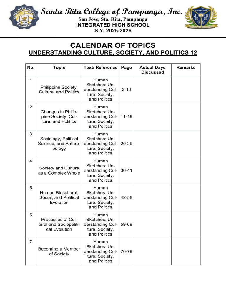 Culture, Society, and Politics 12 Calendar of Topics