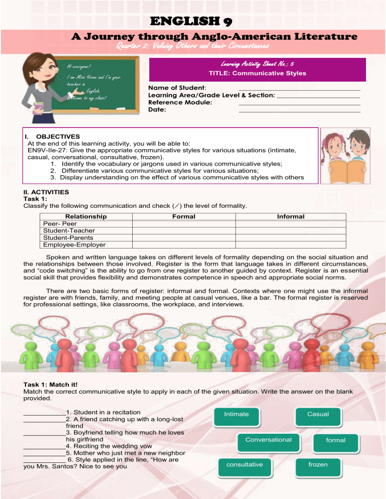 Communicative Styles: English 9 Learning Activity Sheet