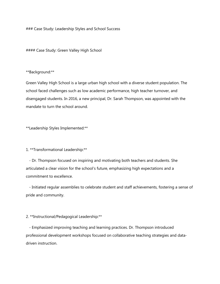 Leadership Styles & School Success: Green Valley High Case Study