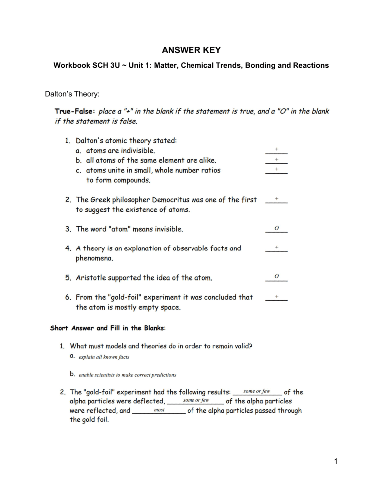Chemistry Answer Key: Matter, Trends, Bonding, Reactions