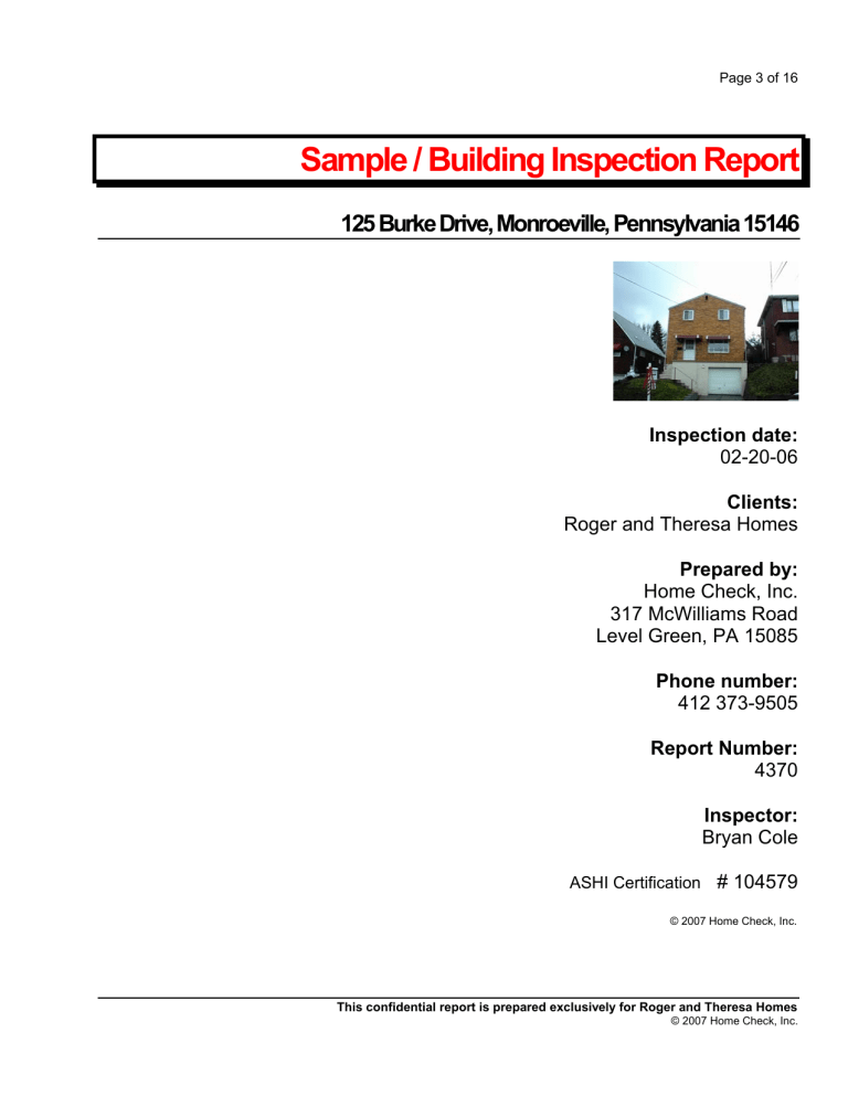 Sample Building Inspection Report - Monroeville, PA