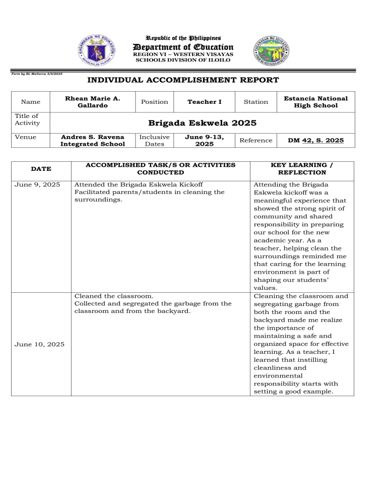Brigada Eskwela 2025 Accomplishment Report