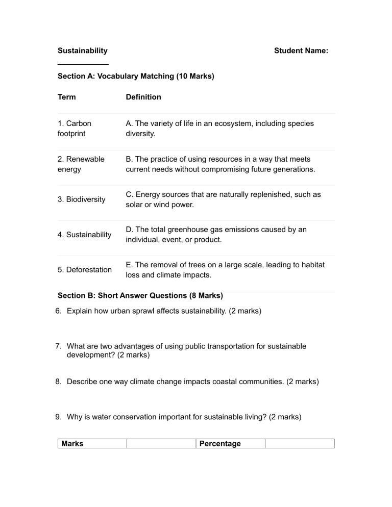Sustainability Worksheet: Vocabulary & Short Answers
