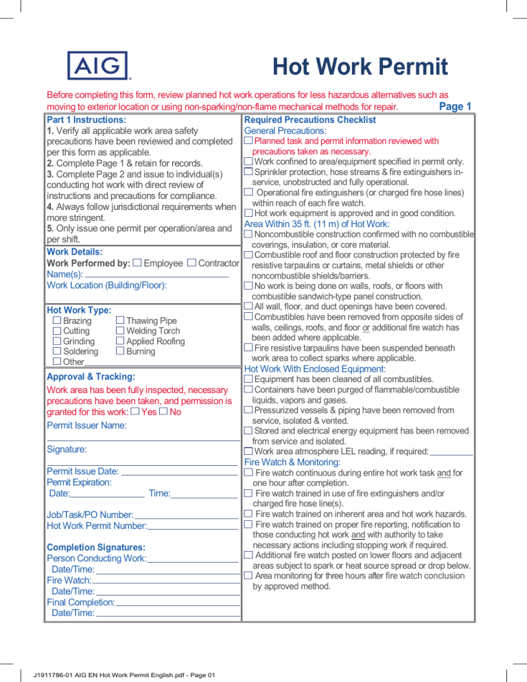 Hot Work Permit Checklist & Authorization Form