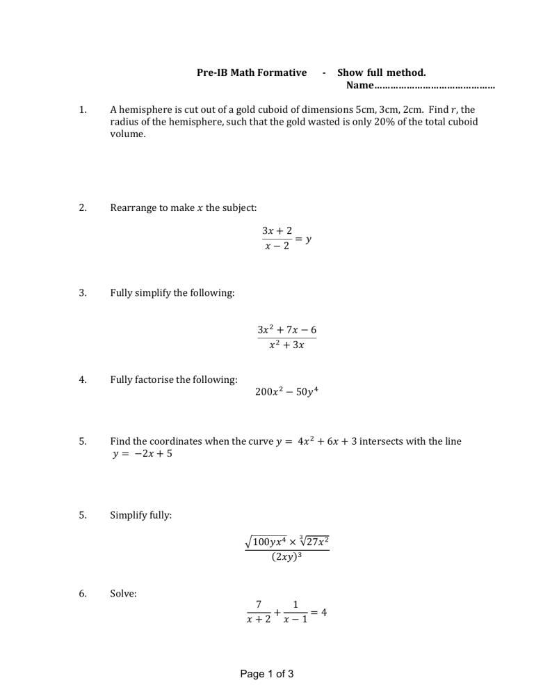 Pre-IB Math Formative Assessment