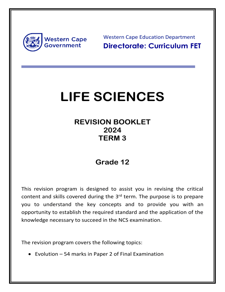 Life Sciences Grade 12 Evolution Revision Booklet 2024 Term 3