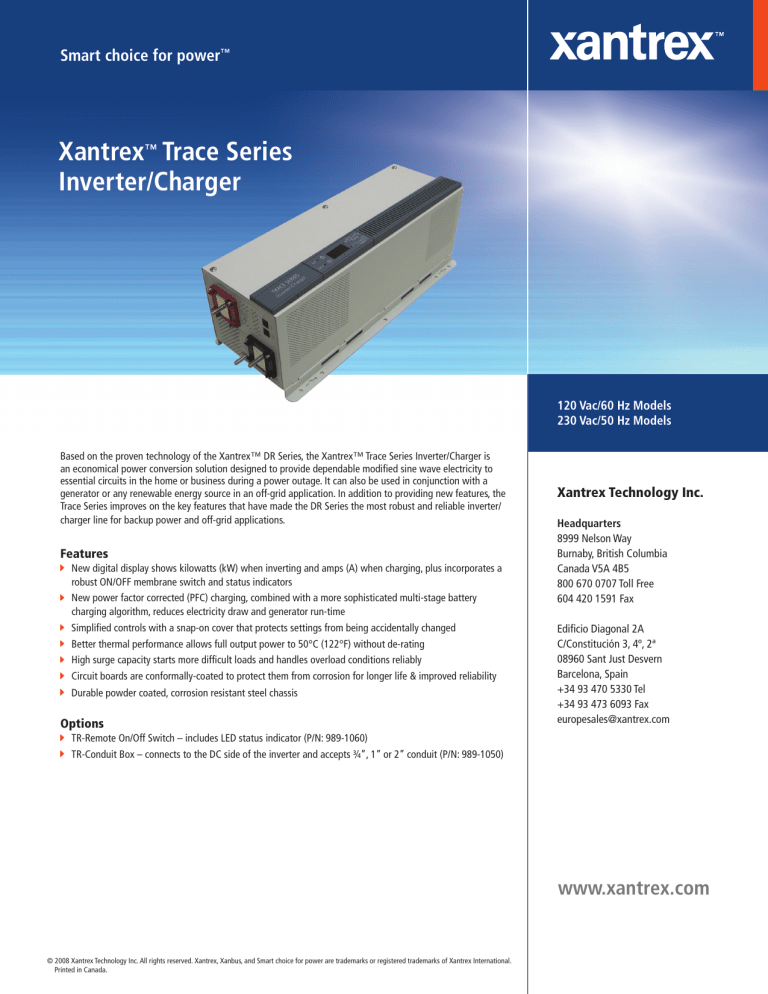 Xantrex Trace Series Inverter/Charger Specs | Datasheet