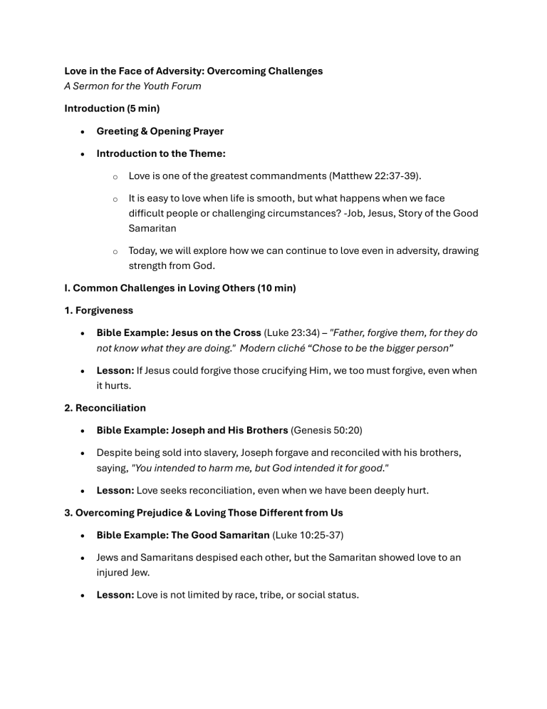 Love in Adversity: Overcoming Challenges - Youth Sermon Outline