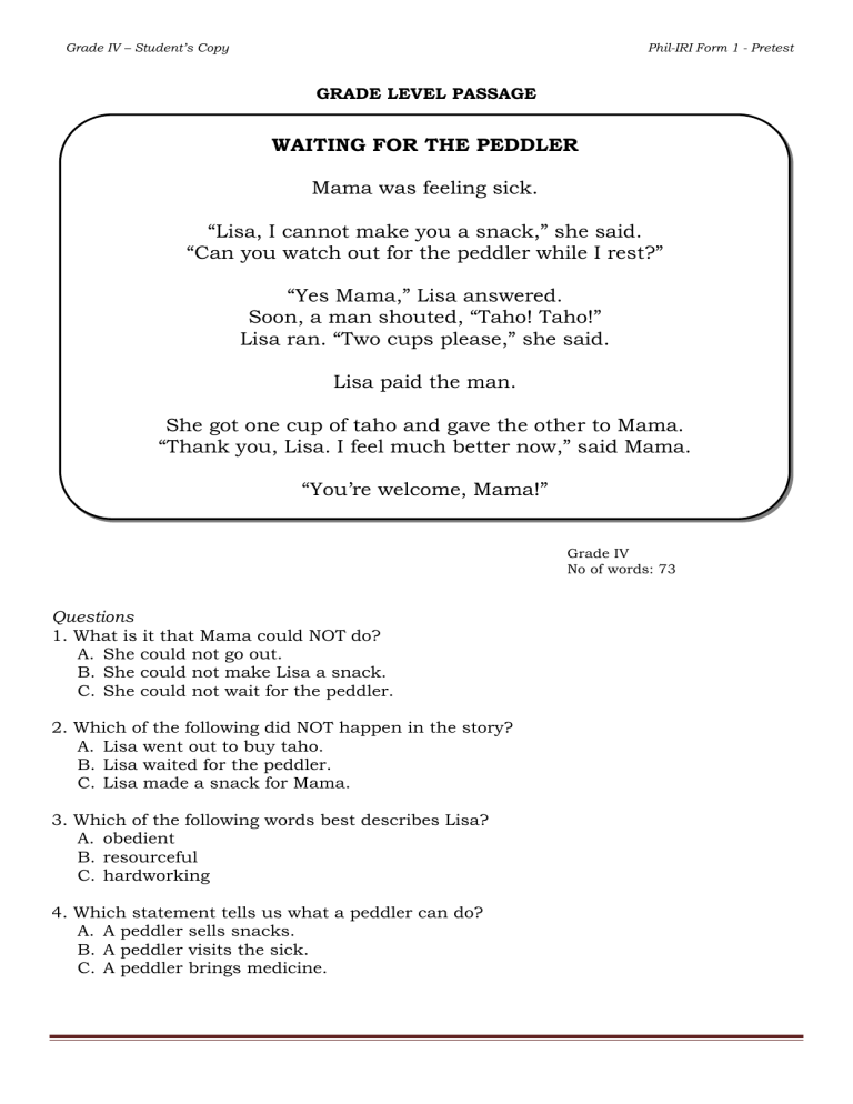 Phil-IRI Reading Comprehension Pretest - Grades 4, 5, 6