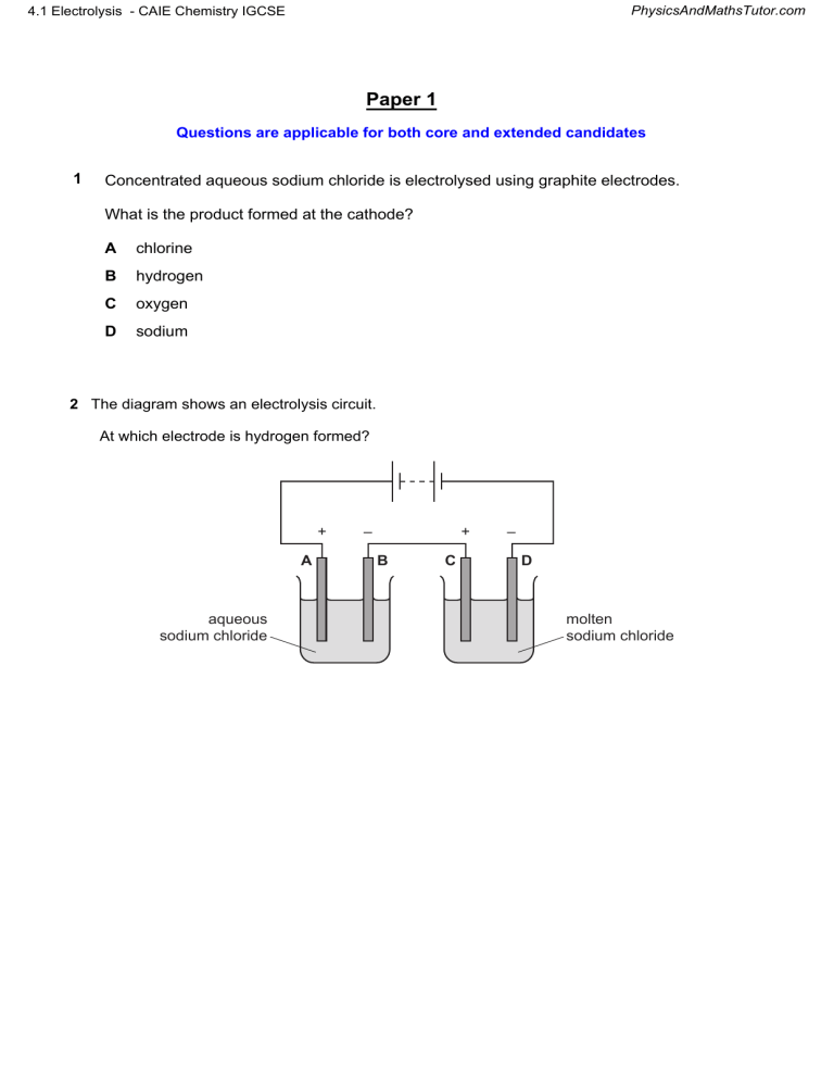 IGCSE Chemistry Electrolysis Exam Questions