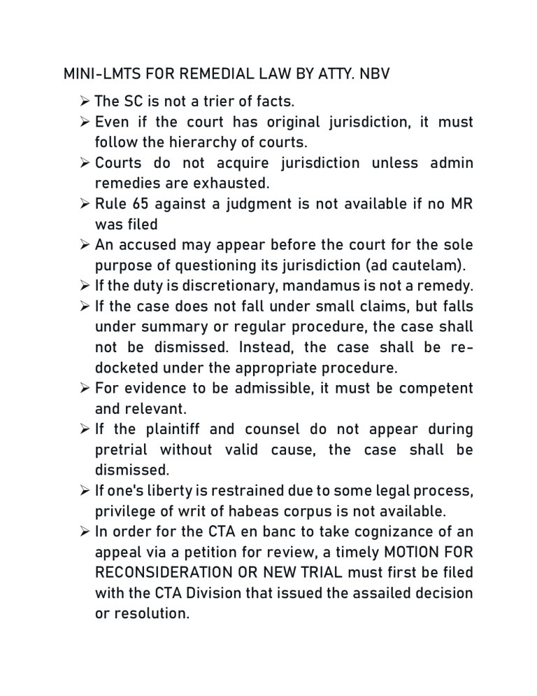 Remedial Law Mini-LMTS: Key Legal Notes & Principles