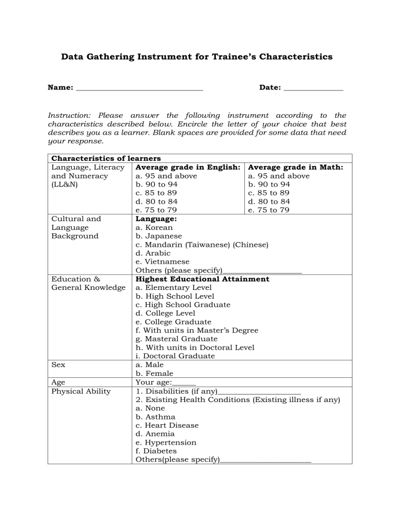 Trainee Characteristics Data Gathering Instrument | Learner Assessment
