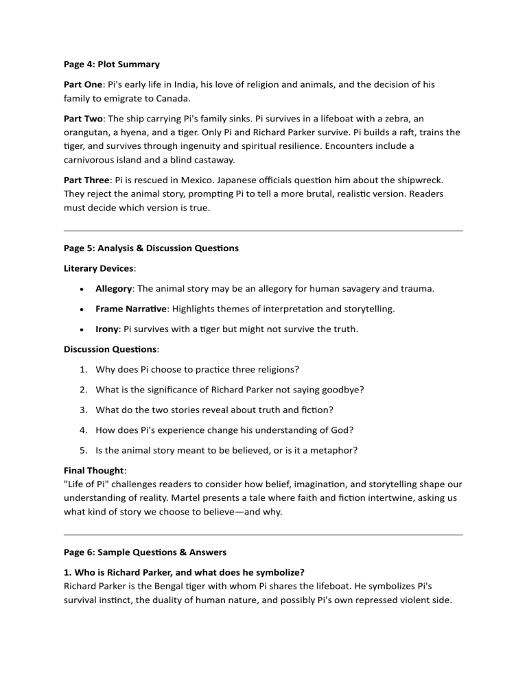 Life of Pi Study Guide: Summary, Analysis, Questions