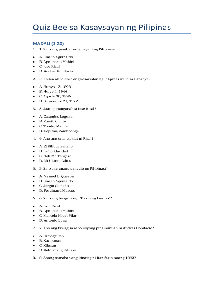 Philippine History Quiz Bee - Easy Questions