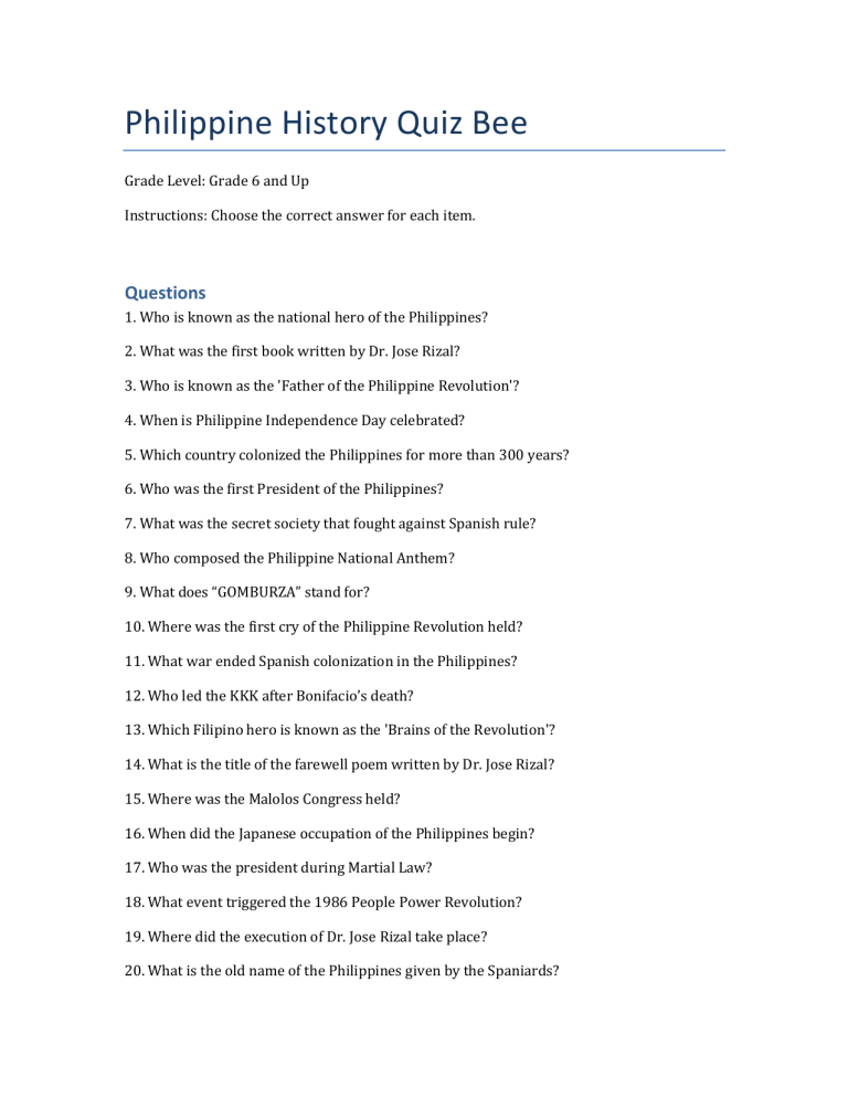 Philippine History Quiz Bee: Grade 6 & Up Questions & Answers