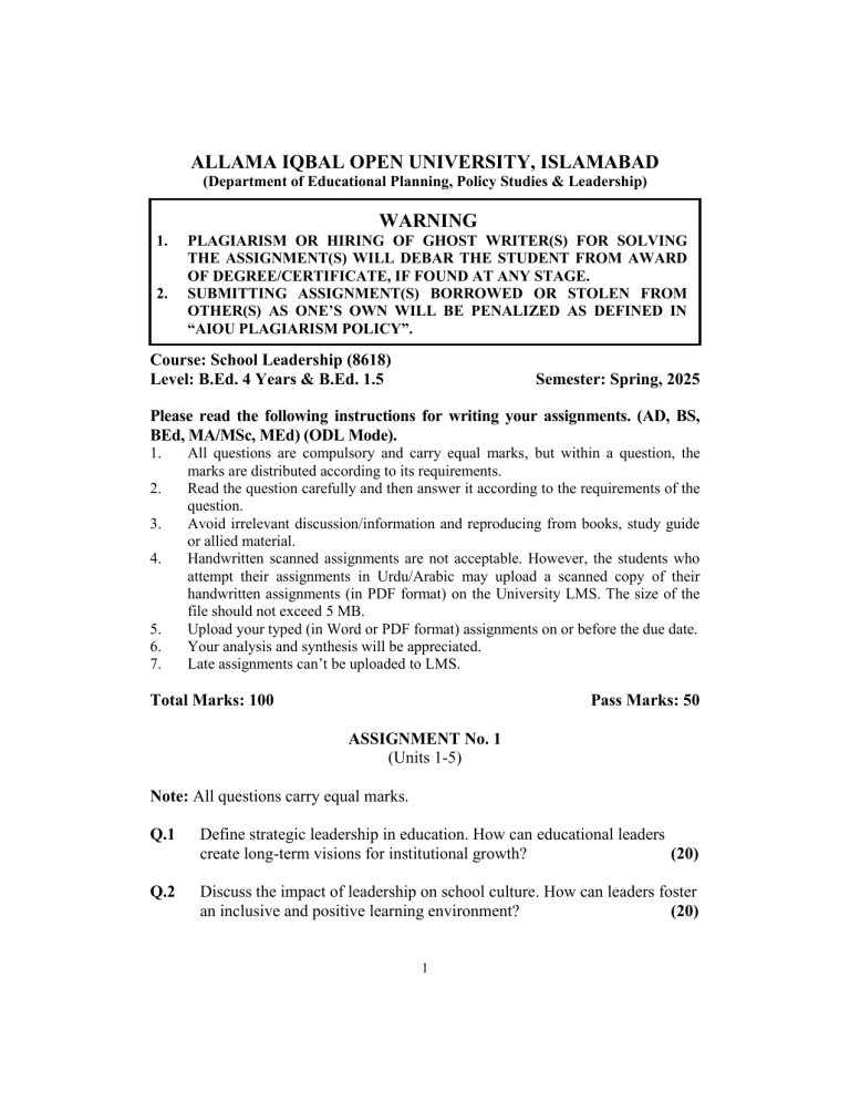 School Leadership (8618) Assignments | AIOU B.Ed. Spring 2025