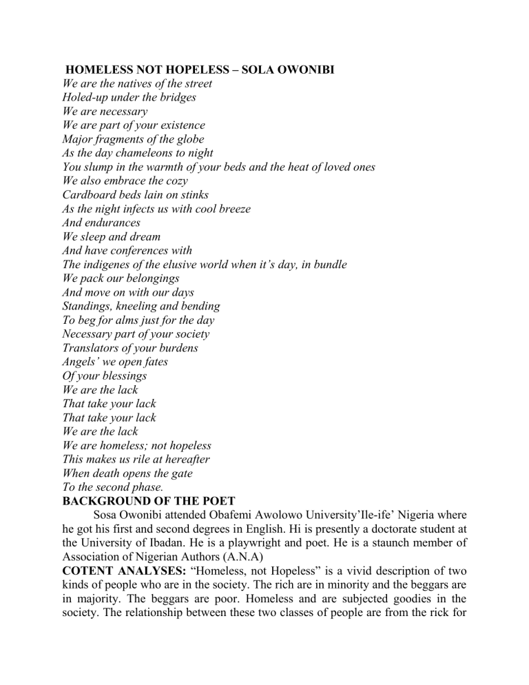 Homeless Not Hopeless Poem Analysis: Sola Owonibi's Literary Study