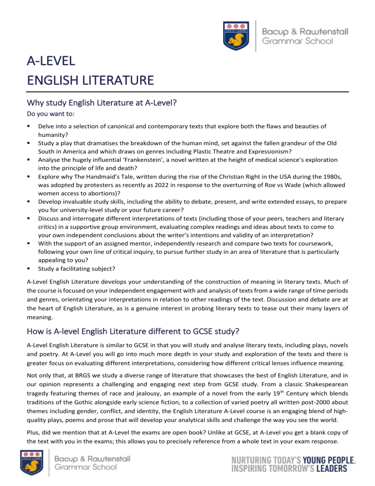 A-Level English Literature Course Guide | Bacup & Rawtenstall Grammar ...