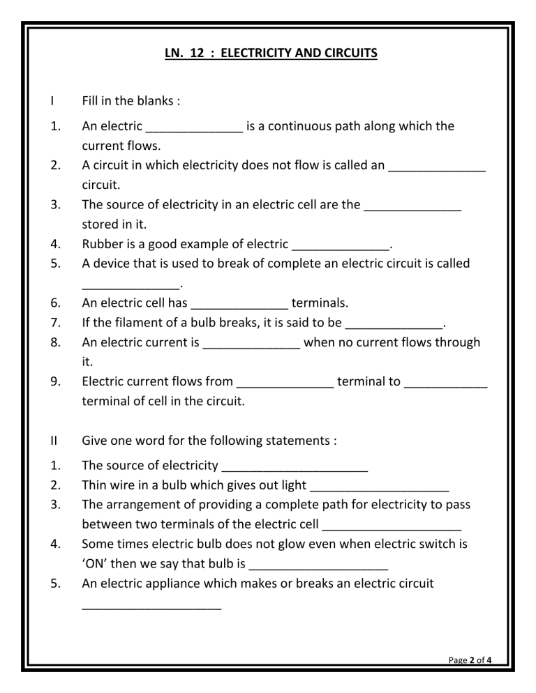 Electricity and Circuits Worksheet: Fill-in-Blanks, True/False, MCQs