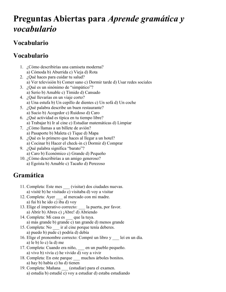 50 Preguntas Abiertas para Aprende gramática y vocabulario 2